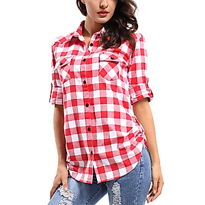 OCHENTA Women's Roll Up Sleeve Button Down Plaid Flannel Shirt Fall Casual Tops M042 Red White M