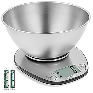 BAGAIL BASICS Electronic Kitchen Scale Premium Large Display Backing Scale Wet and Dry Food Weighing Scale with Stainless Steel Mixing Bowl - 5kg