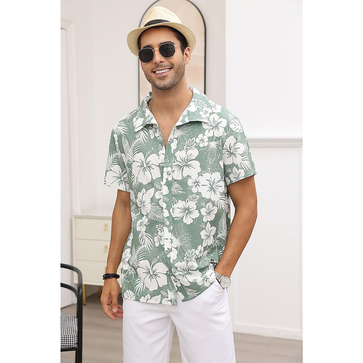 Men's Novelty Hawaiian Floral Shirt Summer Casual Button Down Tropical Holiday Beach Shirts Green