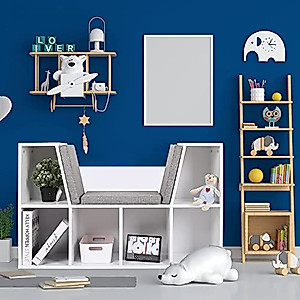 MUPATER Kids Reading Nook Organizer with Storage Bookshelf and Detachable Cushions, 6-Cubby Bookcase Cabinet for Kids Room and Bedroom, White