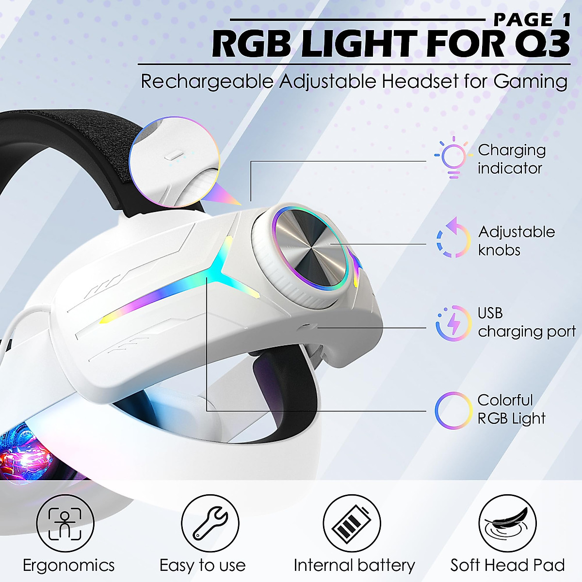 Orzero Head Strap accessories compatible for Quest 3S/Quest 3 with Extended 8000mah Battery Pack, Fast charging 9V 2A Extended Gaming Time with RGB Light - White
