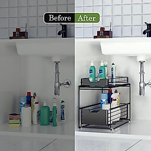 Across-Star Pull Out Under Sink Cabinets Organizer, Stackable 2 Tire Sliding Countertop Organizer, Under Sink Storage Drawer Shelf for Kitchen, Bathroom (Black)