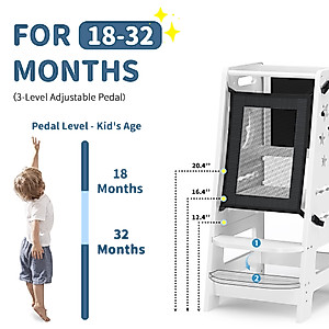 TOETOL Bamboo Toddler Kitchen Stool for Kids Step Stool - White Little Helper Tower Adjustable Height with Learning Black & White Activity Board1