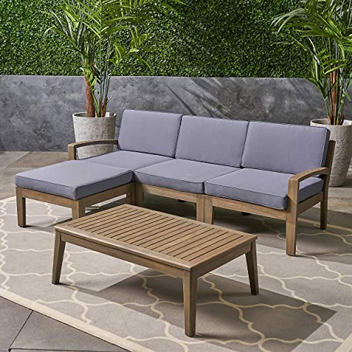 Christopher Knight Home Grenada Sectional Sofa Set | 5-Piece 3-Seater | Includes Coffee Table and Ottoman | Acacia Wood Frame | Water-Resistant Cushions Dark Gray, Finish