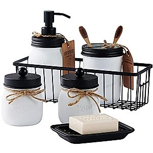 White Mason Jar Bathroom Accessories Set (6PCS) - Lotion Soap Dispenser,Toothbrush Holder,2 Apothecary Jars, Soap Dish Tray,Storage Organizer Basket Bin - Rustic Farmhouse Decoration (Black)