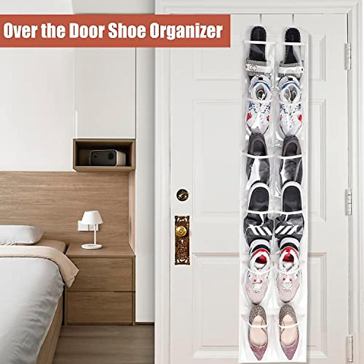 ESINGMILL Over the Door Shoe Organizer - Hanging Holder with 12 Large Clear Pockets and 2 Metal Hooks, Shoe Rack for Narrow Closet Door