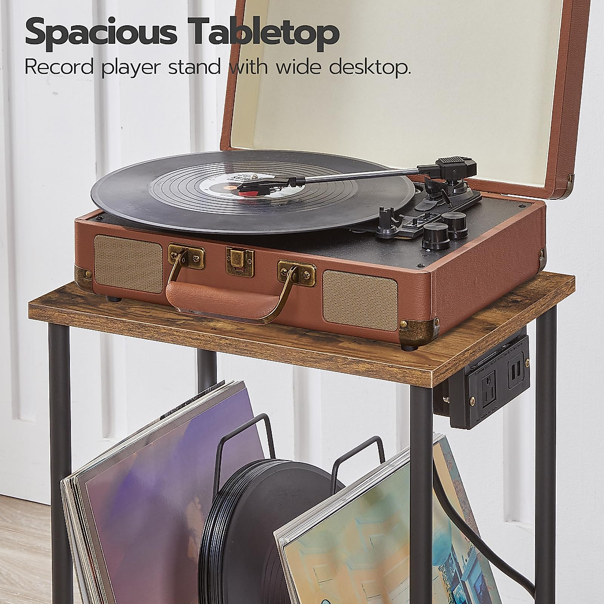 HOOBRO Record Player Stand with Charging Station, 2 Tier Record Player Table with Storage Up to 80-100 Albums, Turntable Stand with Record Holder, for Vinyls Media Stereo, Rustic Brown BF01URS01