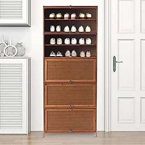 Bamboo Large Shoe Storage Cabinet, 10 Tier Freestanding Shoes Shelf Rack,Tall Shoe Storage Cabinet for 30 Pairs Entryway Hallway Living Room Bedroom(70CM)