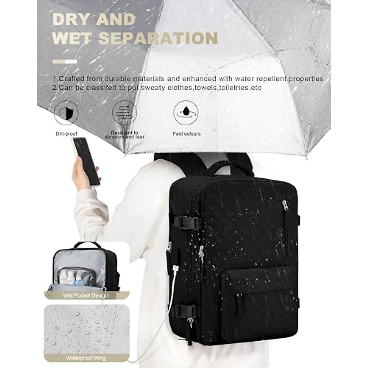 livbote Travel Backpack for Women, Large Carry on Backpack Flight Approved with Shoe Compartment & USB Charging Port, Waterproof Casual Daypack Work Business Backpacks Mochila de viaje, Black