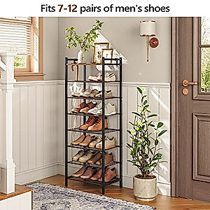 MAHANCRIS 8-Tier Metal Shoe Rack, Narrow Shoe Storage Organizer for Closet Entryway, Hold 7-12 Pairs of Shoes, Tall Skinny Shoe Shelf with 7 Metal Shelves, Easy Assembly, Rustic Brown SRHR0801Z