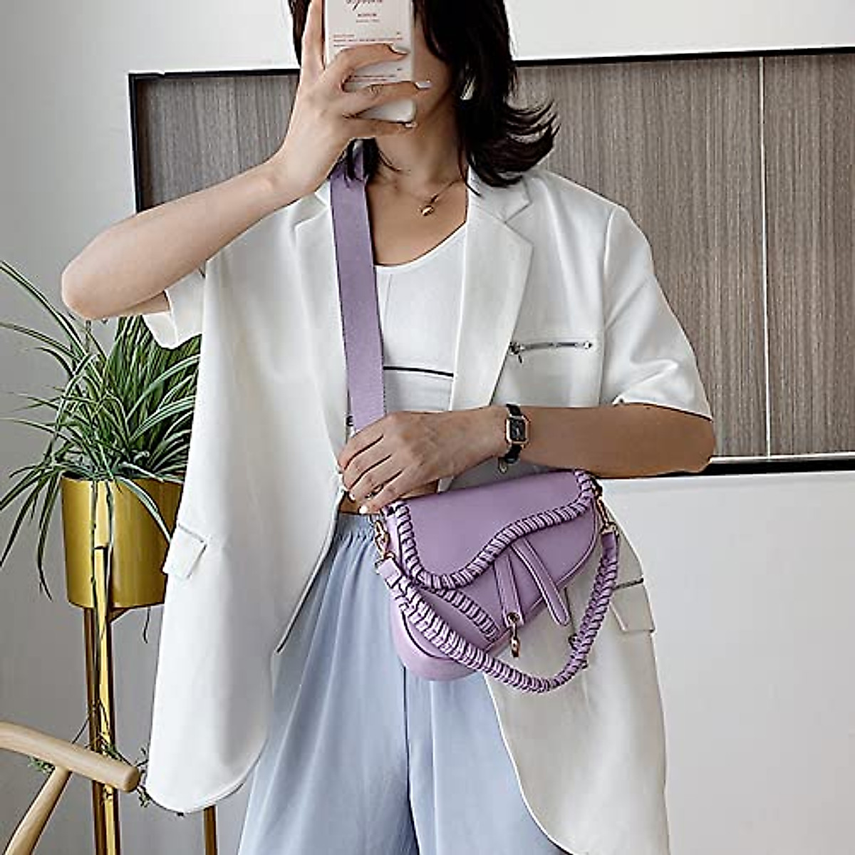 Women Saddle Shoulder Bag Leather Shoulder Bag Knit Underarm Crossbody Bag Vintage Satchel Handbags