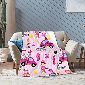 Girly Firefighters Cute Pink Fire Truck Throw Blanket Super Soft Warm Bed Blankets for Couch Bedroom Sofa Office Car, All Season Cozy Flannel Plush Blanket for Girls Boys Adults, 50"X40"