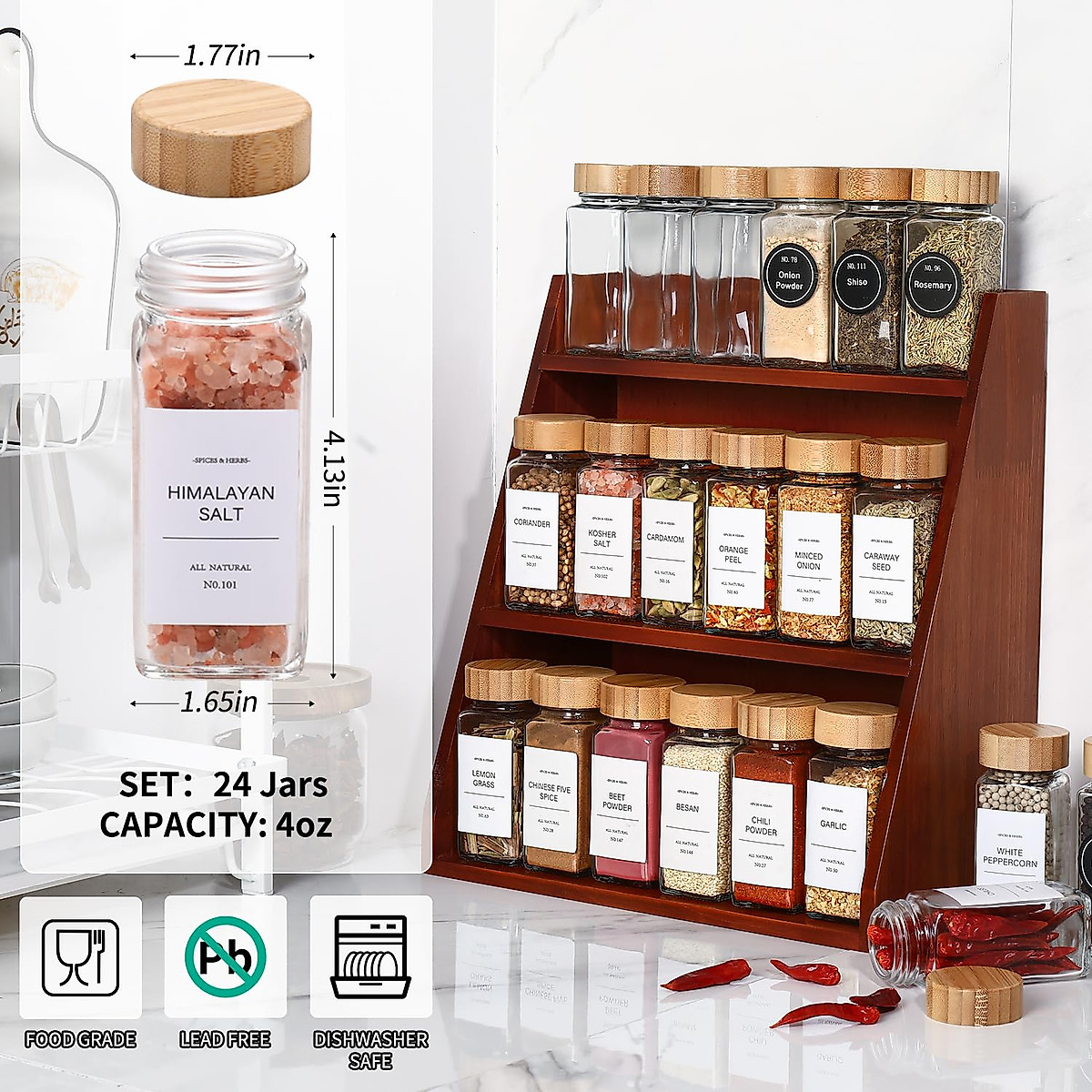 DWTS DANWEITESI 24 Pcs Spice Jars with Label-4oz Glass Spice Jars with Bamboo Lids,Spice Bottles Empty Glass With Labels, Kitchen Empty Spice Jars with Shaker Lids