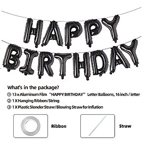 Happy Birthday Balloon Banner Party 16 Inch 3D Aluminum Foil Inflatable Letter kit set Banner Balloons Birthday Party Decorations Supplies Party (Black)