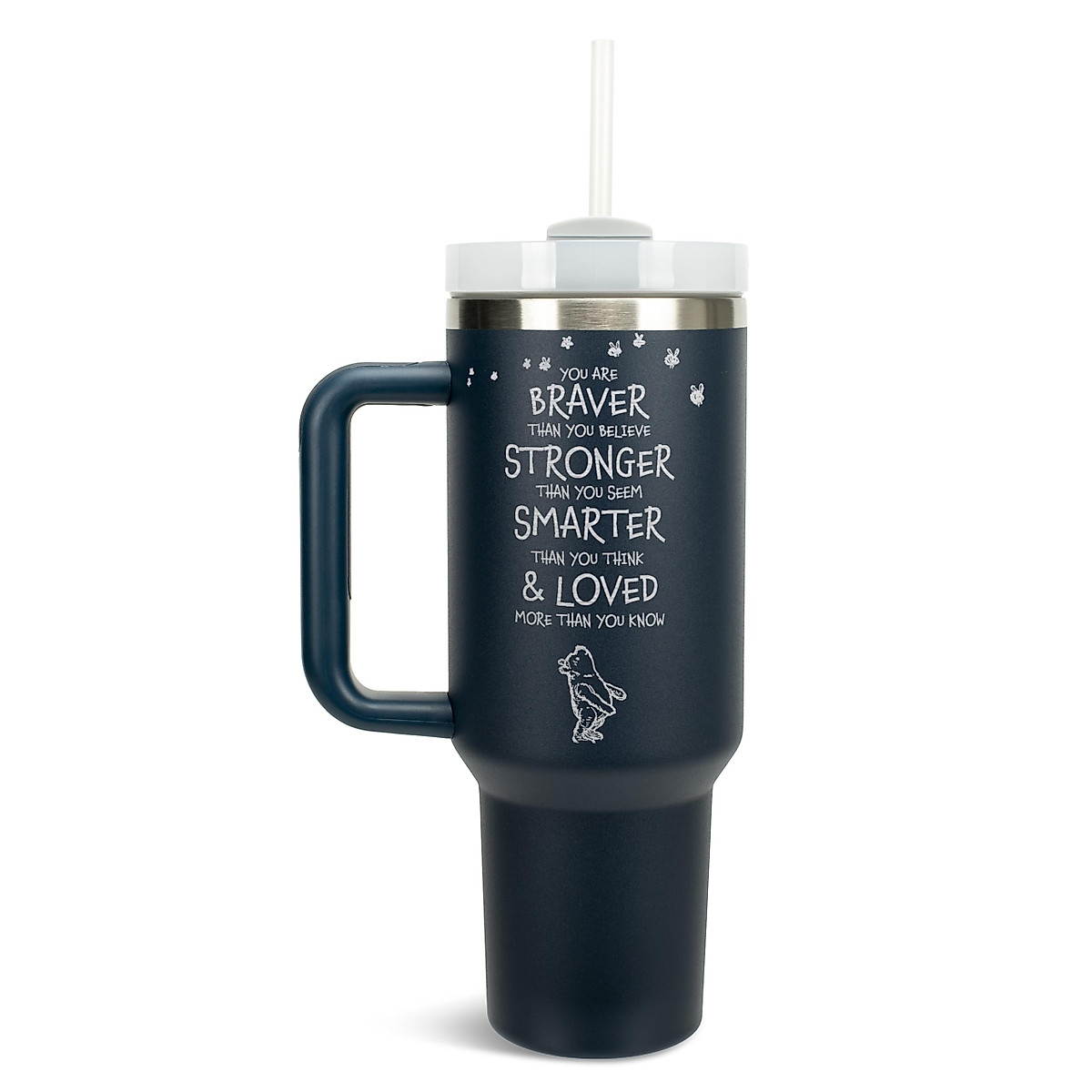 Elanze Designs Pooh Classic Bear Braver Stronger Smarter 40 oz. Stainless Steel, Large Water Bottle Coffee Mug, Spill & Leak Resistant, Thermal Travel Tumbler with Handle, Lid & Straw, Navy Blue