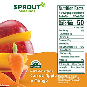 Sprout Organic Baby Food, Stage 2 Pouches, Fruit & Veggie Blend, Carrot Apple Mango, 3.5 Oz Purees (Pack of 12)