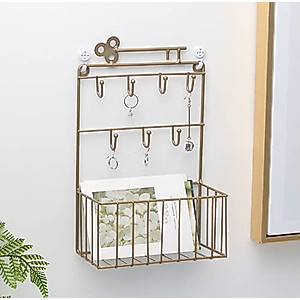 qiuqiu Wall-Mounted Shelf Home Wrought Iron Storage Basket Metal Mail Holder Keychain with Storage Baskets for Mail, Keys, Glasses-Black