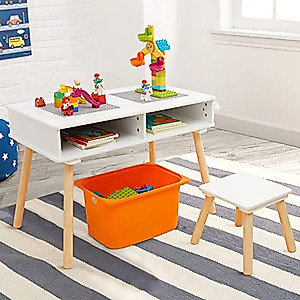 Toffy & Friends Kids Activity Table Set 2 in 1 Wooden Building Block Desk w/Storage Double-Sided Tabletop for Toddler Arts, Crafts, Drawing, Reading, Playing (White & Gray)
