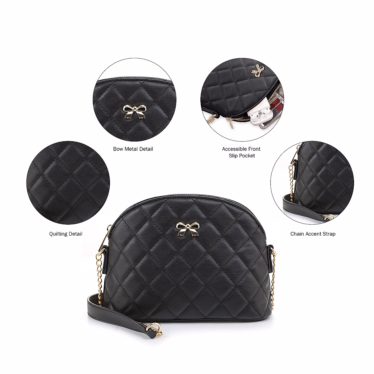 Emperia Small Cute Faux Leather Dome Series Crossbody Bags Shoulder Bag Purse Handbags for Women Alice Quilted Black