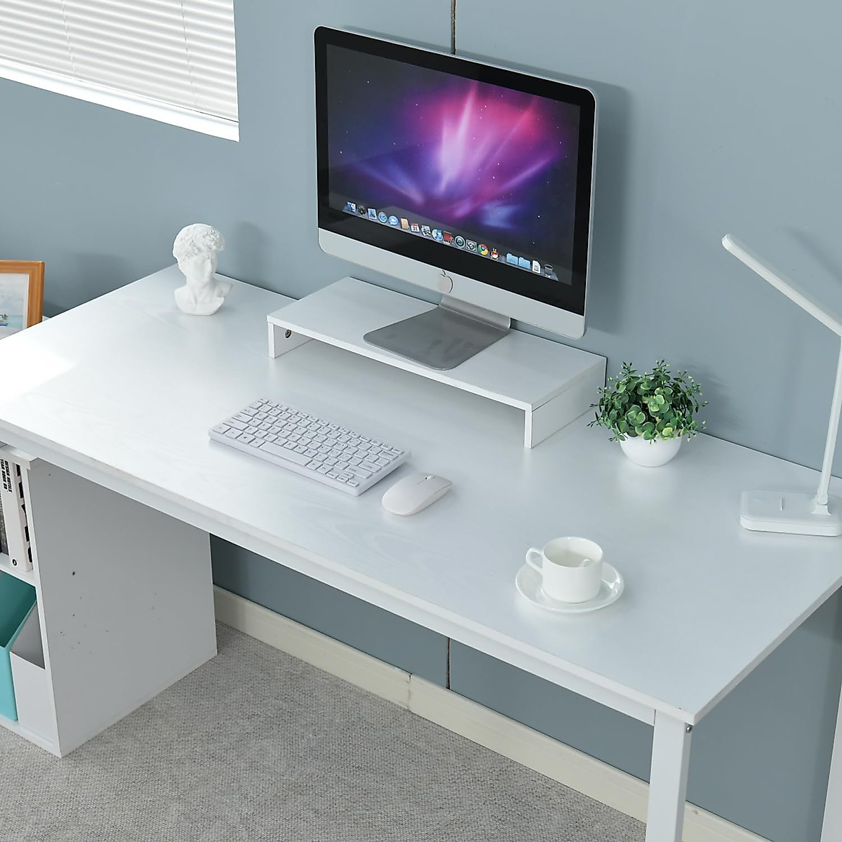 MaverickFurni White Desk with Drawers, 55 Inch White L Shaped Desk with 3 Drawers, Computer Desk with Monitor Stand, White Home Office Sturdy Desk with Storage for Bedroom
