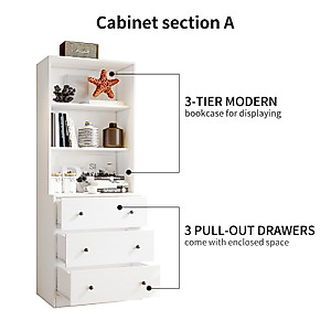 VOWNER Vertical File Cabinet, 3-Tier Modern Bookshelf with 3 Large Drawer, Wood Filing Cabinet with Open Storage Shelf, Glass Doors and Fixed Storage Shelves for Home Office, White