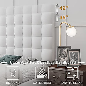 iPormis Queen Platform Bed Frame, Faux Leather Upholstered Bed Frame with Square Tufted Headboard, Wood Slats Support, No Box Spring Needed, Easy Assembly, White