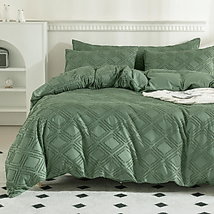 JELLYMONI Green Duvet Cover Full Size - 3 PCS Microfiber Tufted Duvet Cover Set, Boho Textured Duvet Cover Jacquard Rhombus Geometric Pattern Duvet Cover with Corner Ties & Zipper Closure