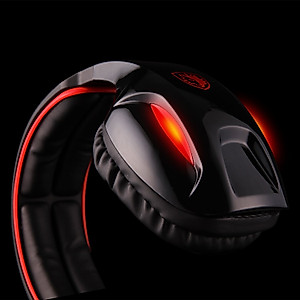 Sades SA902 7.1 Channel Virtual USB Surround Stereo Wired PC Gaming Headset Over Ear Headphones with Mic Revolution Volume Control Noise Canceling LED Light (Black/Red)