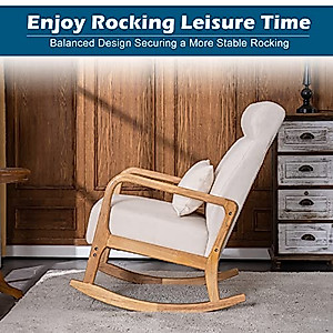 VINGLI Rocking Chair Nursery, 25.2" High Backrest Mid-Century Rocking Chair with Wooden Armrest Upholstered Glider Rocker with Free Lumbar Pillow for Living Room (Beige)