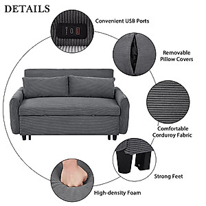 Modern Convertible Pull-out Sofa Bed with Adjustable Backrest, 2 Seat Loveseat Sofa Couch, Corduroy Fabric Sleeper Sofa with 2 Throw Pillows and USB Ports for Living Room Office (DARK GREY-2)