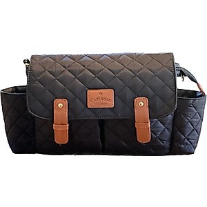 Carlsbad Linen Company Stylish Black Quilted Nylon Universal Stroller Caddy Organizer Cup Holder and Insulated Bottle Pouch 3 Strap Options Included Loose Fit Stable Velcro And Over the Shoulder