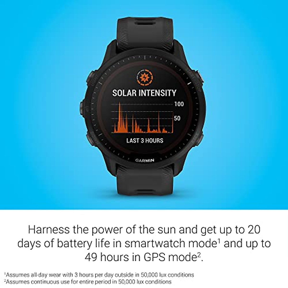 Garmin 010-02638-00 Forerunner® 955 Solar, GPS Running Smartwatch with Solar Charging Capabilities, Tailored to Triathletes, Long-Lasting Battery, Black