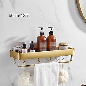 ANNBKA Shower Shelf Racks Brushed Gold Bathroom Shelf, Aluminum Cosmetic Storage Racks, Towel Bar, Wall Mounted Bath Shower Shampoo Shelf Shower Caddy (Color : 50cm with bar hook)