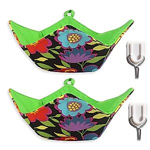 TOXPOPI 2 PCS Cotton Bowl Cozy Microwave Safe Bowl Microwave Plate Holders Microwave Bowl Cozy Microwave Safe Hot Bowl Holders Safe Grabs Heat Resistant Bowl Cozies for Soup Bowls and 2 Hooks
