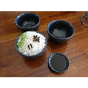 8 Pieces Japanese Fuji Blue Style. 4 Ceramic Miso & Rice Bowls Set Plus 4 Small Soy Sauce bowl Plates Included. 8 oz. Japan, Korean & Chinese. Portion Control Ramen Soup Capable. (Dark Blue, 4.1in x4)