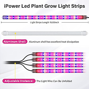 iPower LED Grow Light Strips Full Spectrum for Indoor Plants with Auto ON/Off 3/9/12H Timer, 10 Dimmable Levels 48 LEDs Per Tube, Sunlike Grow Lamp for Hydroponics Succulent, 1 Pack, Mix, 4 Tubes