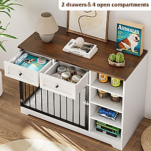 GAOMON Dog Crate Furniture 47”, Large Dog Crate with 2 Drawers and 4 Shelves, Wooden Heavy Duty Dog Crate, Decorative Dog Indoor Kennel Furniture Indoor with Storage, White