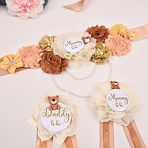 CheeseandU 4Pcs Baby Shower Sash Mommy and Daddy to Be Tinplate Badge, Sunflower Crown Garland Headband Pregnancy Sash Bee Flower Belly Belt Baby Shower Party Decorations for Maternity Gift Favour