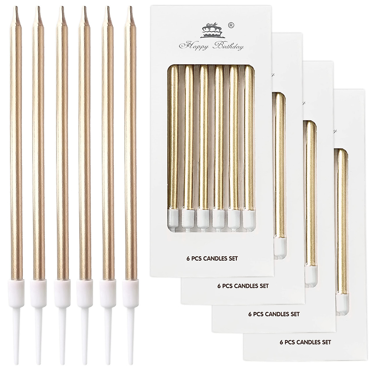 Aplusplanet 24 Count Champagne Gold Birthday Cake Candles, Metallic Long Thin Cake Candle in Holder for Cupcake Wedding, Shower, Party Decorations