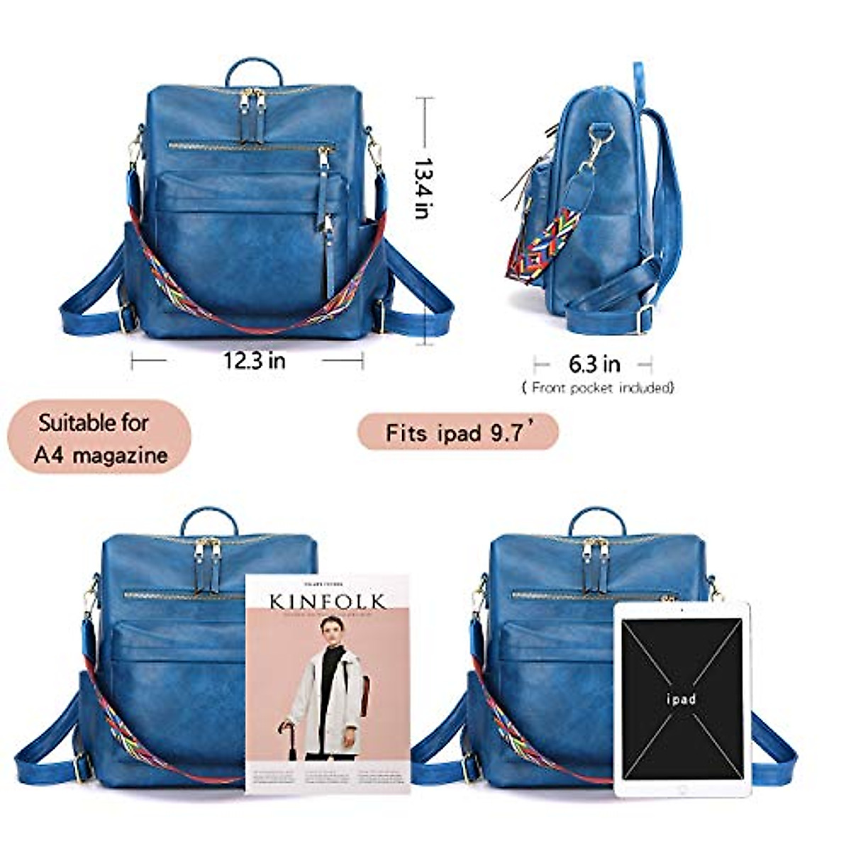 ZOCILOR Women's Fashion Backpack Purse Multipurpose Design Convertible Satchel Handbags and Shoulder Bag PU Leather Travel bag (Dark Blue)