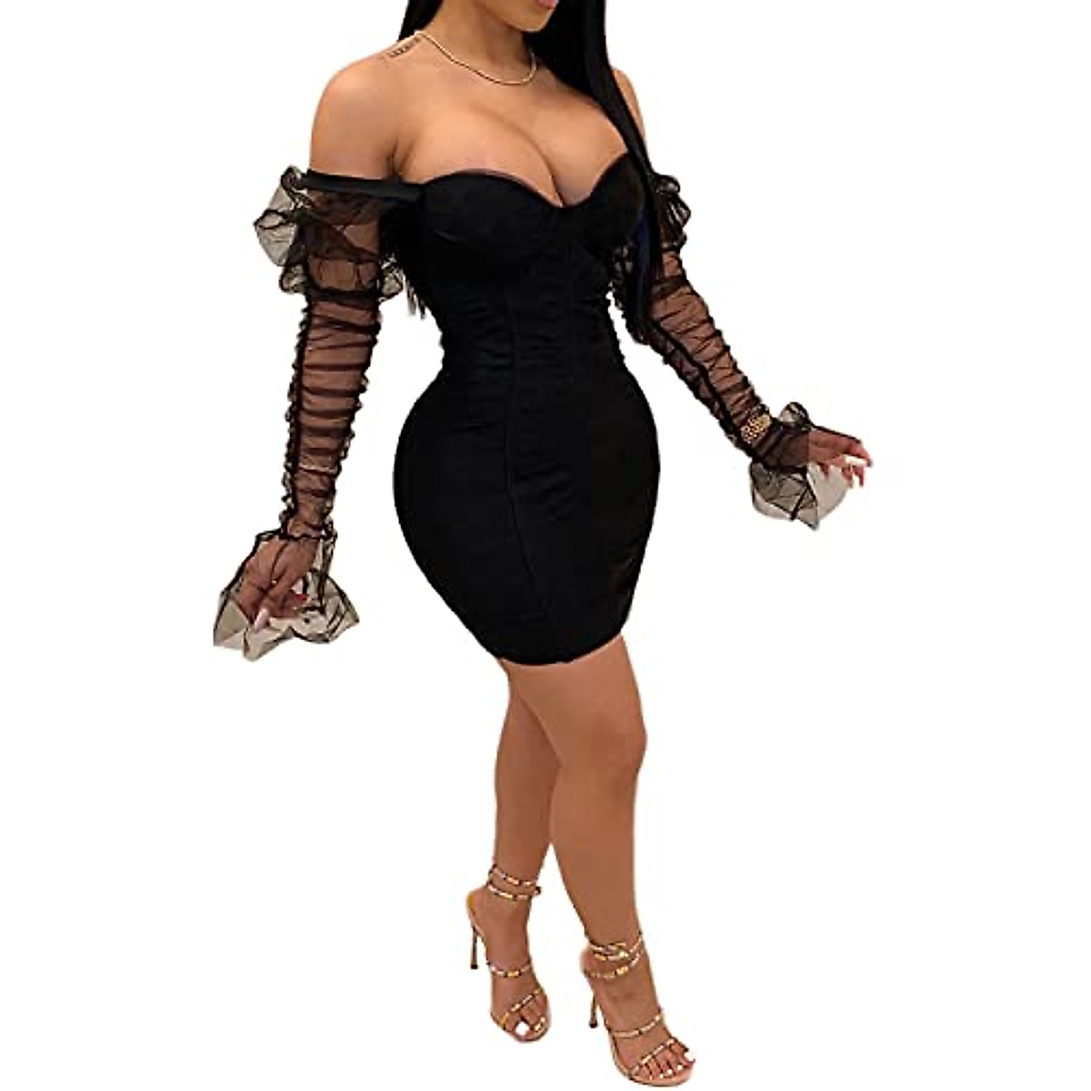 Uni Clau Women Sexy Mesh Sheer Puff Long Sleeve Mini Dress Bodycon Deep V Neck Patchwork Party Clubwear Dress Black 2XL