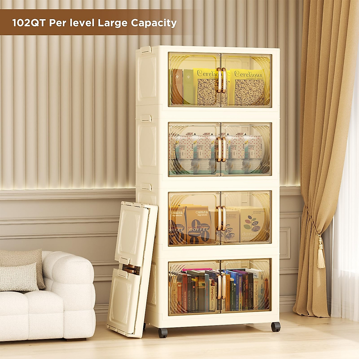 YUEXINKJ Plastic 4 Tier Storage Bins with Lids,Folding Storage Box with Doors and Wheels Stackable Storage Bins,Closet Organizers and Storage for Living Room,Office,Dorm