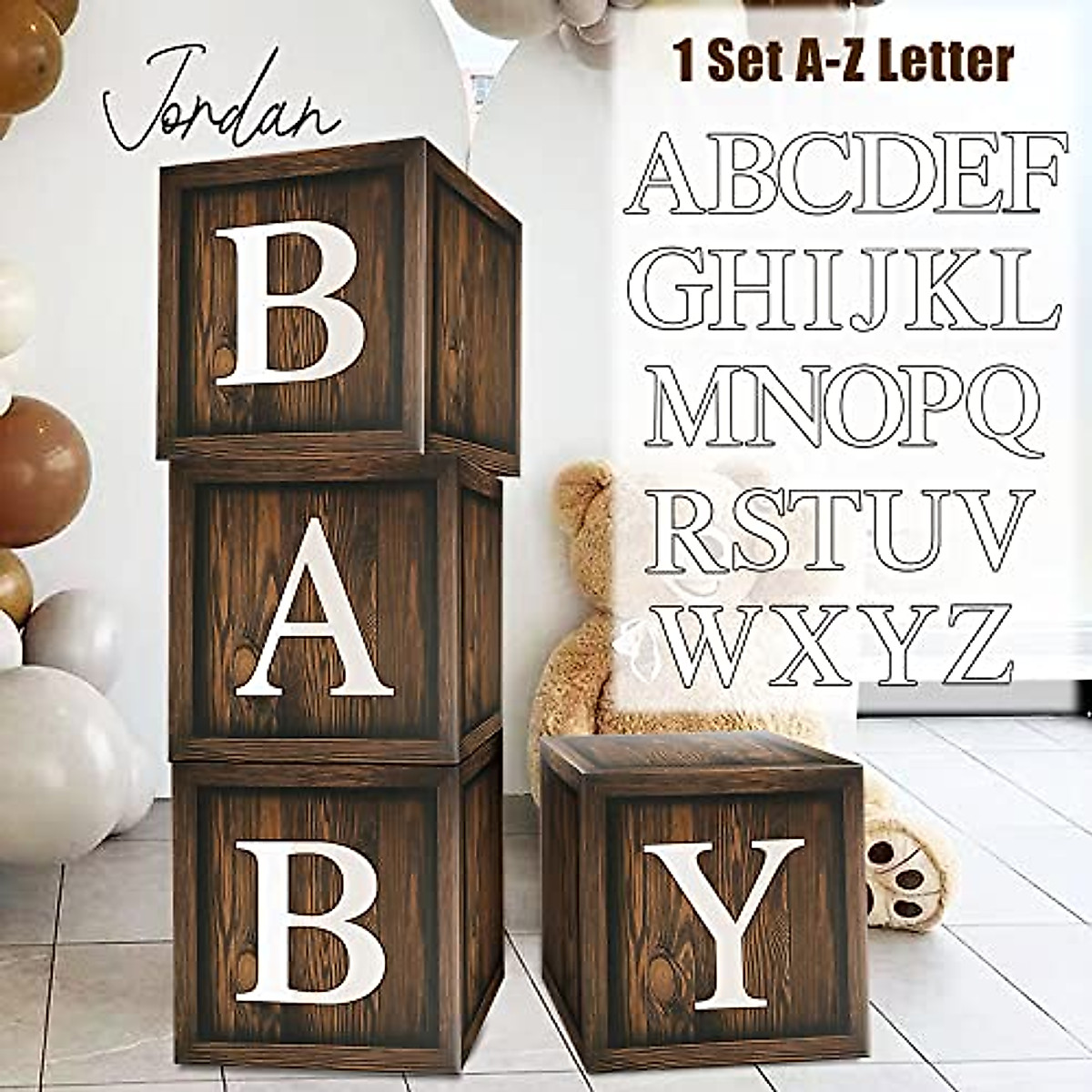 Wood Baby Shower Balloon Boxes, 4 Pcs Brown BABY Balloon Boxes with 30 Letter (A-Z + BABY) Wood Grain Printed for Boy Woodland Bear Baby Shower Party Decorations and Supplies