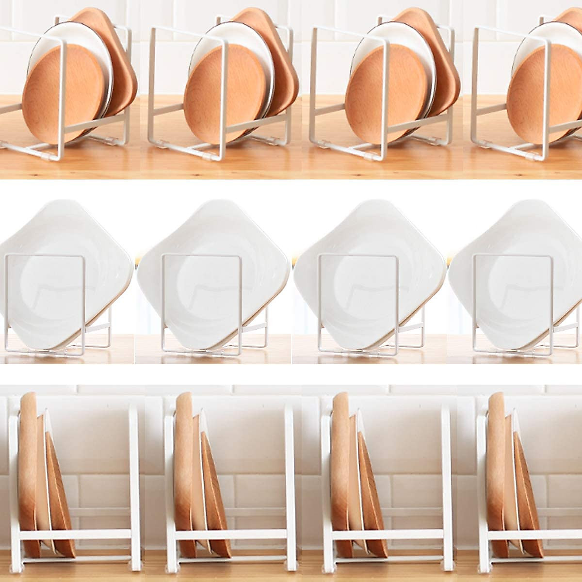 HighFree 2PCS Metal Vertical Plate Dish Holder Rack, White Vertical Plate Organizer for Kitchen Cabinets for RV Kitchen Cabinets Counter (L & S)