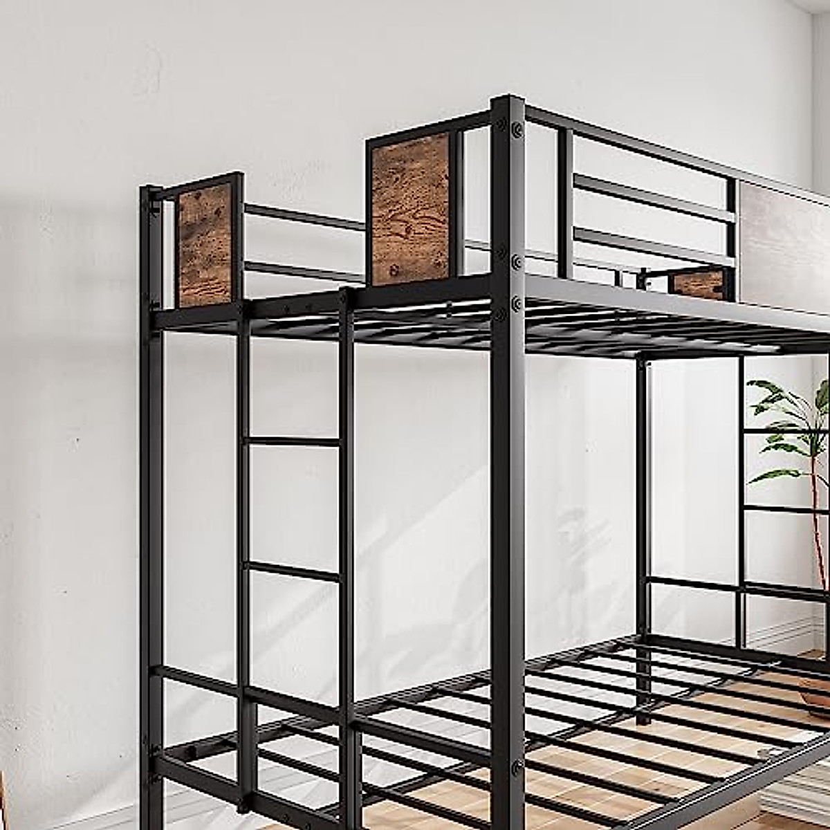 VECOCHO Metal Bunk Bed Twin Over Twin with 2- Side Ladder and Full-Length Guardrail，Space-Saving Design/No Box Spring Needed/Noise Free,Black & Vintage Brown