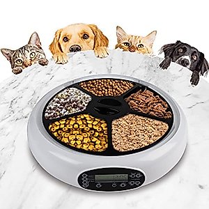 Lentek 5 Meal Automatic Pet Feeder with Voice Message, White, Wet and Dry Food Dispenser for Cat or Dog, 5 oz Compartments for Portion Control, 25 oz Total Capacity