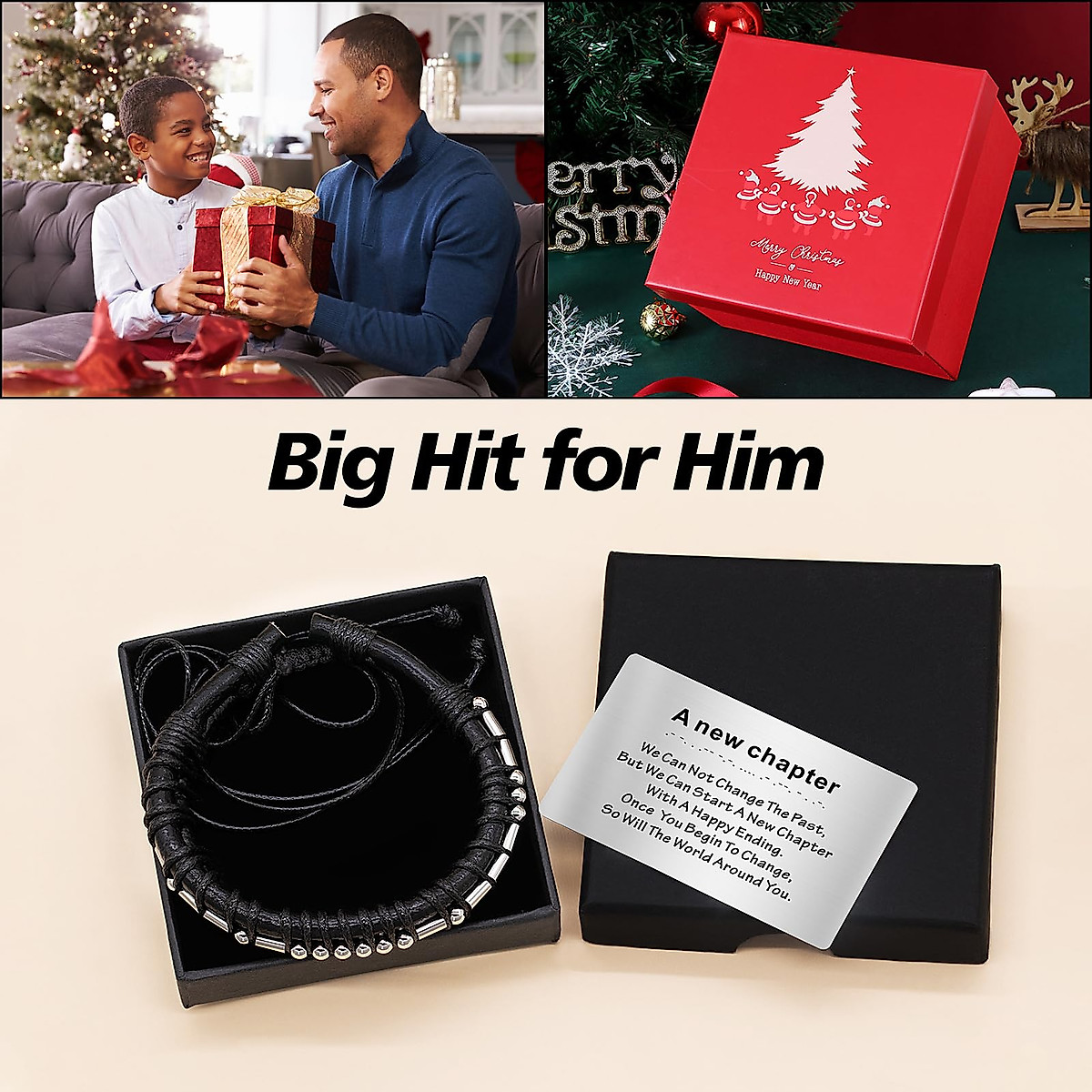 TOLOWOBK Inspirational Morse Code Bracelet for Mens Sobriety Gifts Black Leather Bracelet Wallet Card, Easter Fathers Day Birthday Gift for Men Graduation Gifts for Him Grandson Son Brother