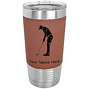 LaserGram 20oz Vacuum Insulated Tumbler Mug, Golfer Putting, Personalized Engraving Included (Faux Leather, Dark Brown)