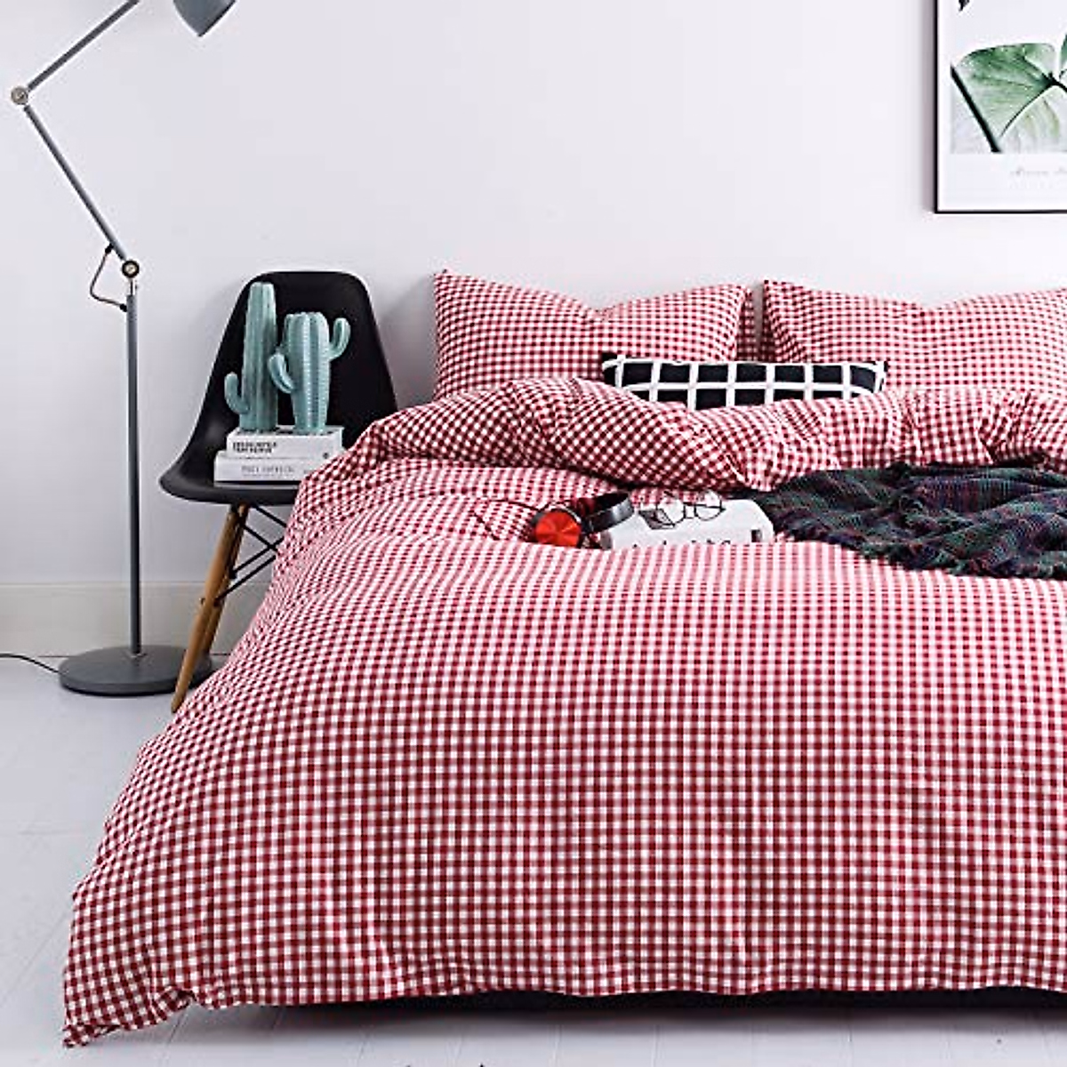 SUSYBAO Red Gingham Duvet Cover Queen 100% Washed Cotton Farmhouse Plaid Duvet Cover Set 3 Pcs 1 Minimalist Grid Patterned Duvet Cover with Zipper Ties 2 Pillowcases Soft Checkered Red Gingham Bedding