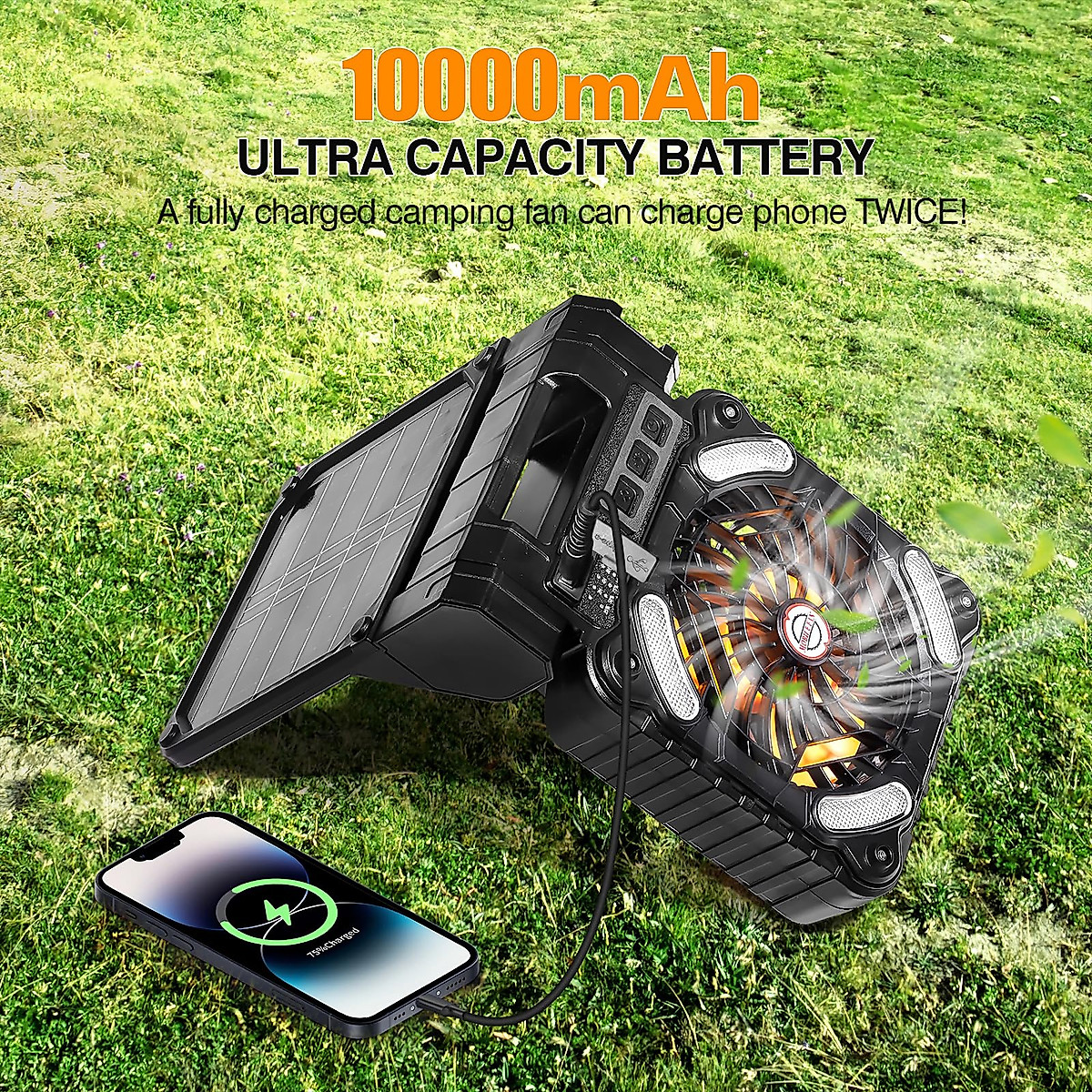 Car Solar Fan with Light Rechargeable, Portable Camping Fan 10000mAh Battery Operated with 4 Speeds and 3 Brightness Level, Camping Essentials Fan with Timer for Travel Tent Picnic Barbecue Fishing